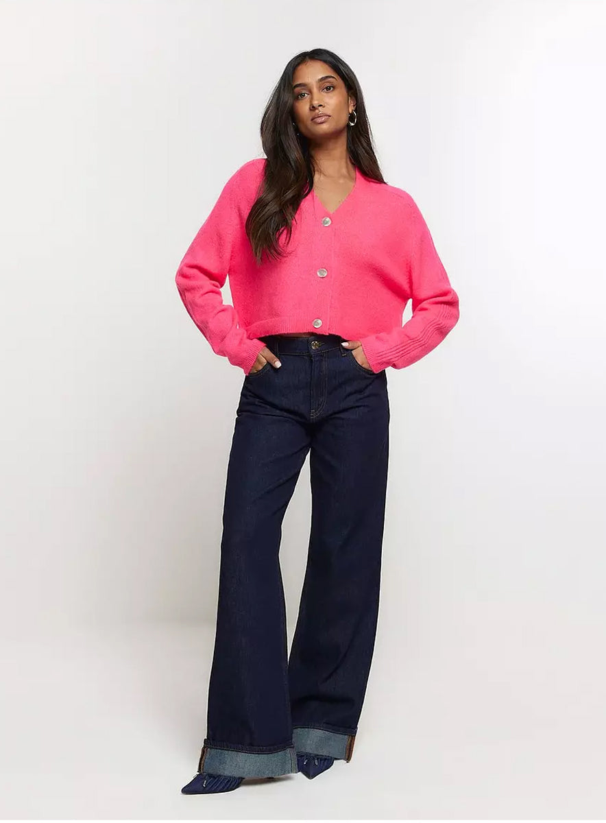 Ladies Pink Boxy Cut Cropped Cardigan Pink– Yourstyleoutlet
