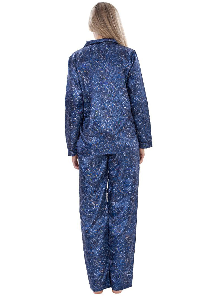 Ladies Moonjams Satin Pyjama Set Revere collar Blue Black– Yourstyleoutlet